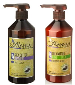 savannah hair therapy bundle - just curly shampoo (16.9 oz) + conditioner (16.9 oz) shea butter, cotton and silk protein and vitamin b6 - for dry, curly and damaged hair