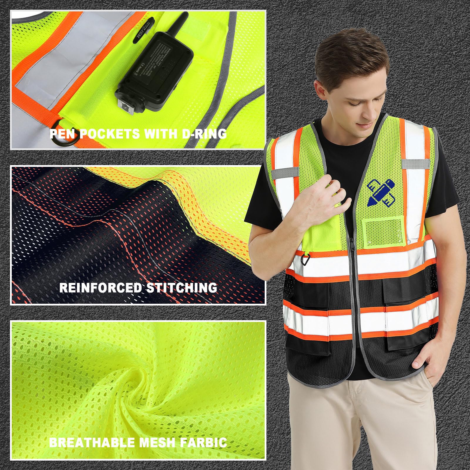 BeautyWill Custom Mesh Safety Vest Customized Logo Class2 High Visibility Reflective Vest with Pockets Construction workwear （Yellow Black，L ）