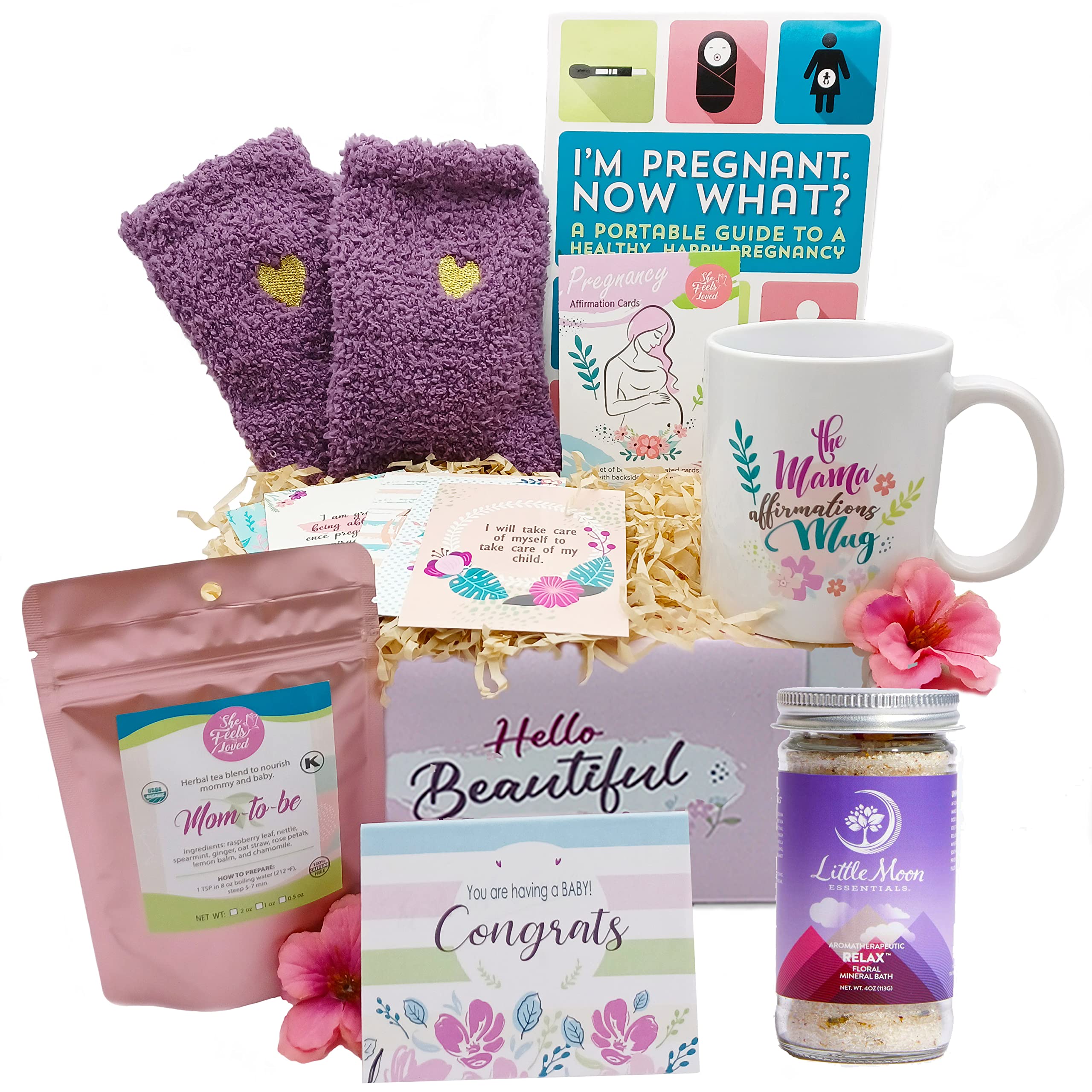 New Mom Gift Basket – 16-Pcs Congrats on Pregnancy Gift Basket for Mom to Be with Logbook, Affirmation Cards, Pregnancy Tea -1st Trimester Pregnancy Gifts, Pregnancy Care Package by SHE FEELS LOVED