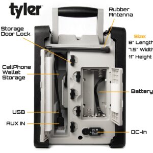 Tyler Bluetooth Jobsite Radio Speaker Wireless Battery Powered Or AC/DC - 100+ Feet Rang - USB - AUX Out - Full Band FM Radio - IPX5 Water Resistant - Outdoor Indoor Durable Portable Speaker TWS407