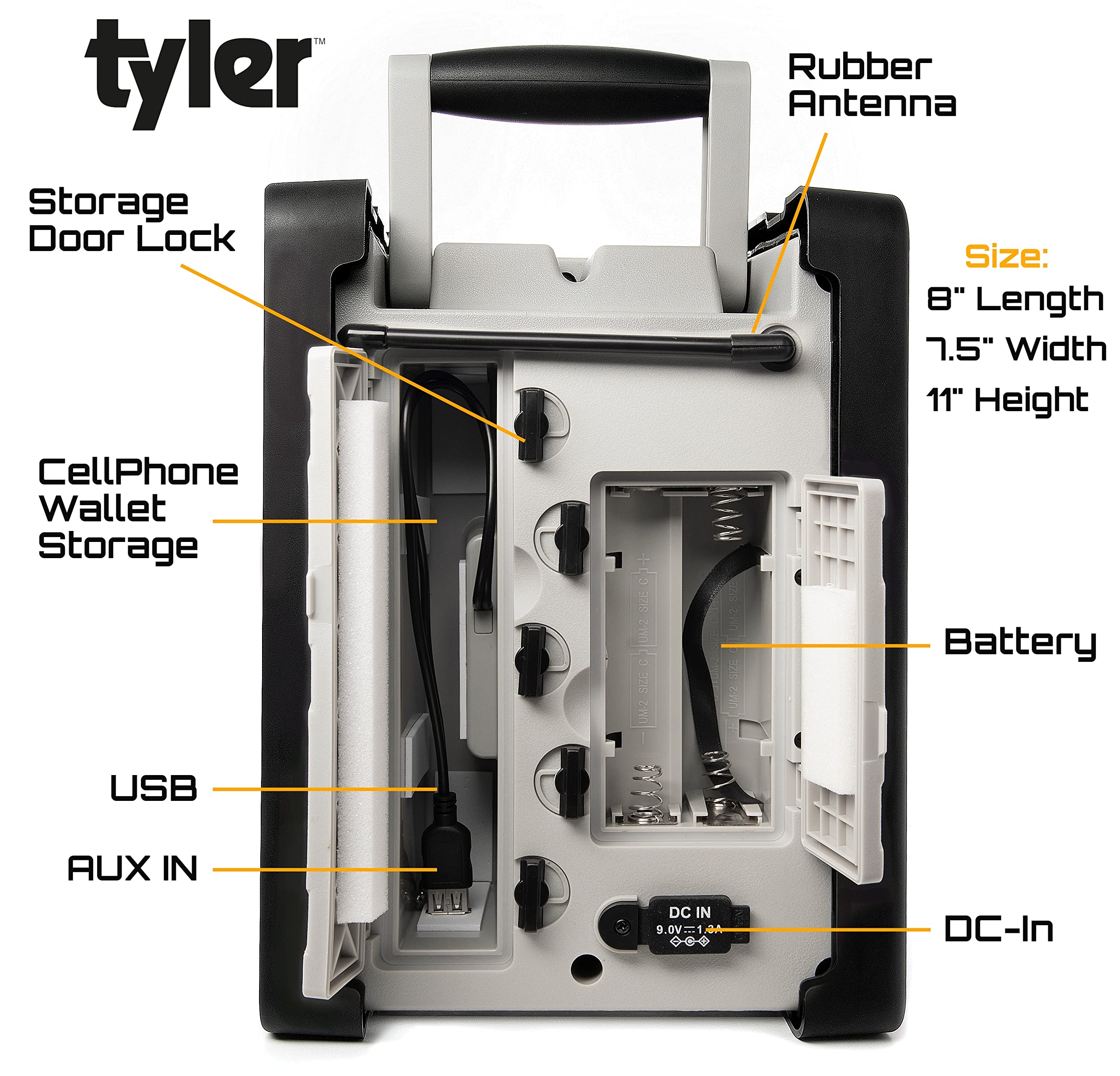 Tyler Bluetooth Jobsite Radio Speaker Wireless Battery Powered Or AC/DC - 100+ Feet Rang - USB - AUX Out - Full Band FM Radio - IPX5 Water Resistant - Outdoor Indoor Durable Portable Speaker TWS407