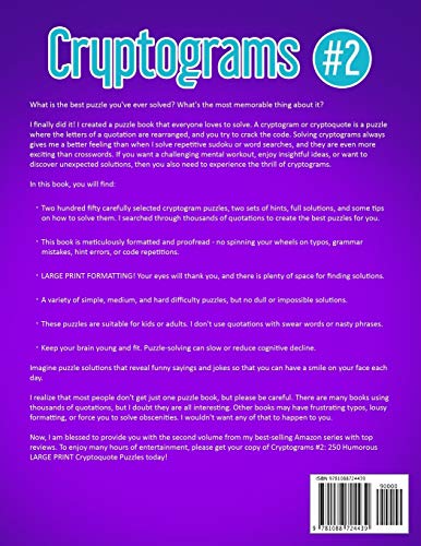 Cryptograms #2: 250 Humorous LARGE PRINT Cryptoquote Puzzles