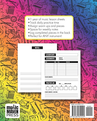 Music Practice & Assignment Notebook: 52 Weeks of Music Lesson Tracking Charts | Record Notes and Practice Log Book | Rainbow Instruments for Girls or Boys