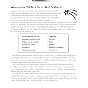 100 Task Cards: Text Evidence: Reproducible Mini-Passages With Key Questions to Boost Reading Comprehension Skills