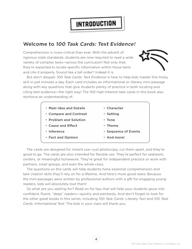 100 Task Cards: Text Evidence: Reproducible Mini-Passages With Key Questions to Boost Reading Comprehension Skills