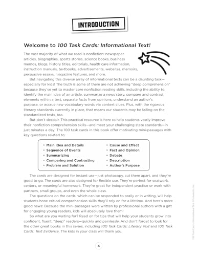 100 Task Cards: Informational Text: Reproducible Mini-Passages With Key Questions to Boost Reading Comprehension Skills