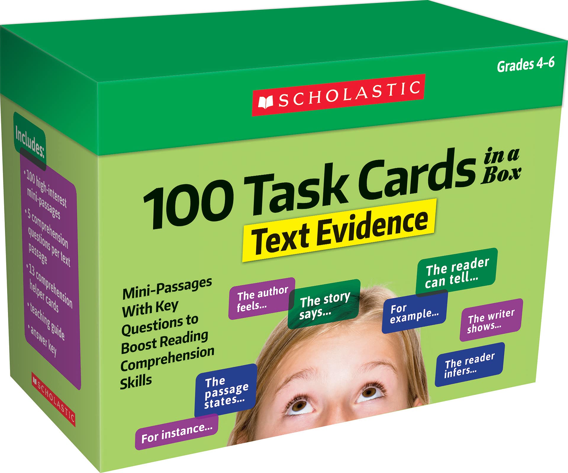 Scholastic Teaching Resources (Teaching Strategies) 100 Task Cards in a Box: Text Evidence: Mini-Passages with Key Questions to Boost Reading Comprehension Skills includes Box with 120 cards