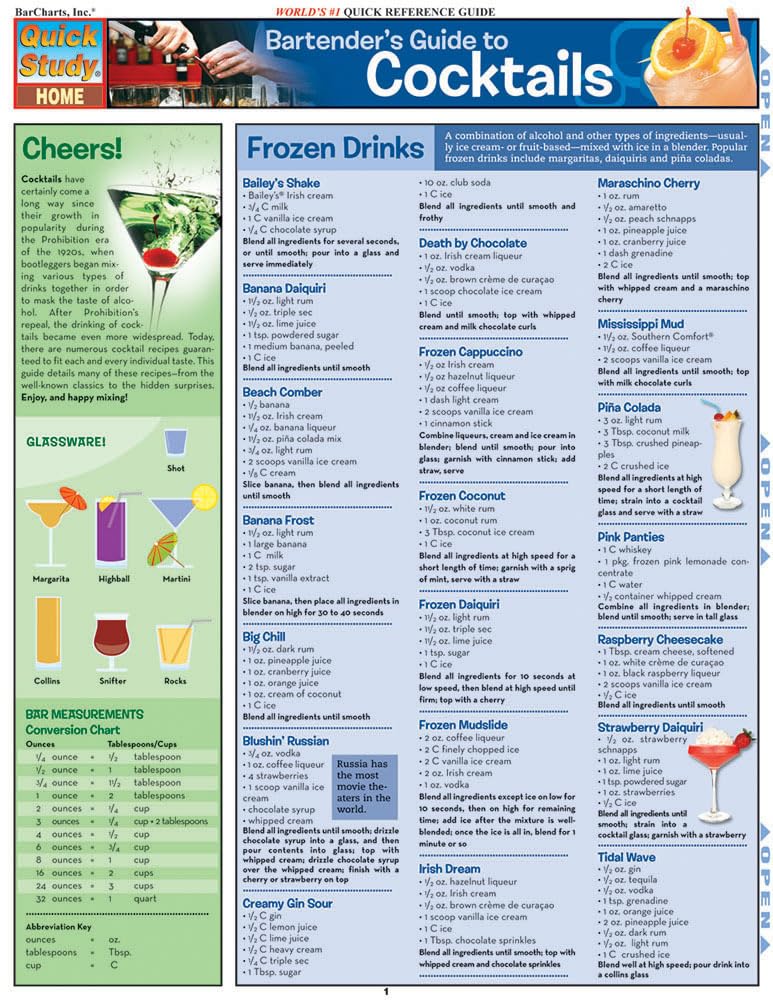 Bartender'S Guide To Cocktails: a QuickStudy Laminated Reference Guide (QuickStudy Home)