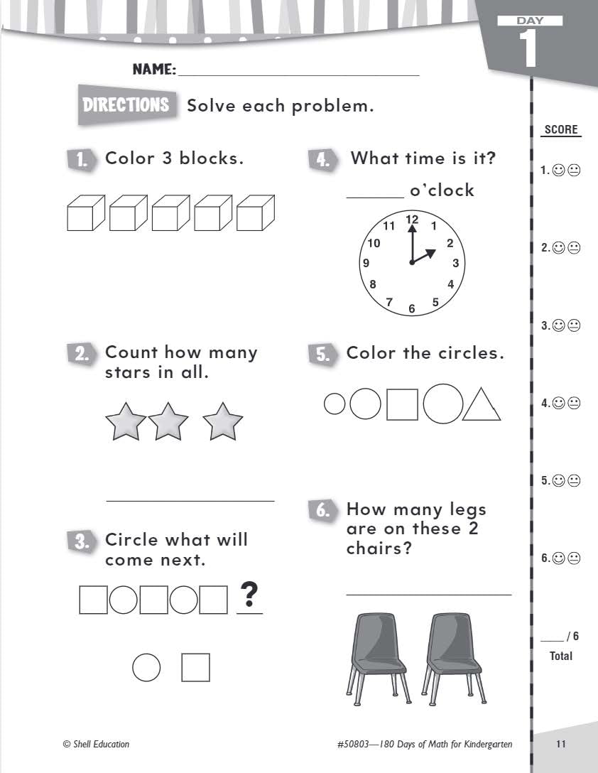 Shell Education 180 Days of Math for Kindergarten (180 Days of Practice)