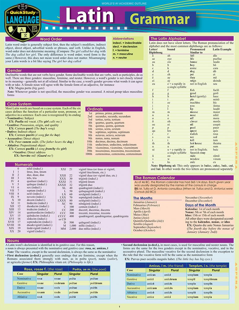 Latin Grammar (English and Latin Edition) QuickStudy Laminated Reference Guide (Quickstudy Language)