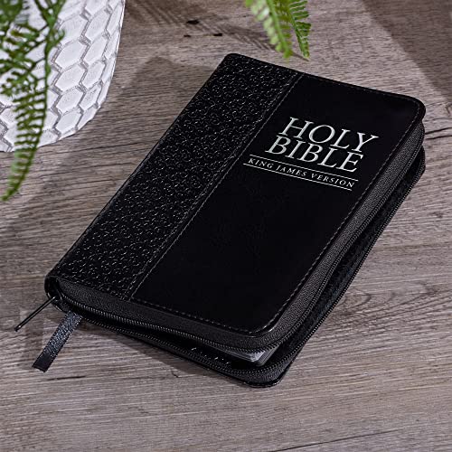 KJV Holy Bible, Mini Pocket Bible – Zippered Black Faux Leather Bible w/Ribbon Marker, King James Version (KJV Pocket Editions)