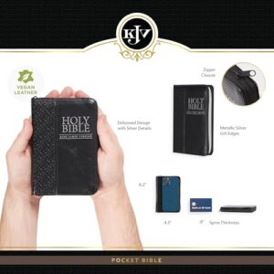 KJV Holy Bible, Mini Pocket Bible – Zippered Black Faux Leather Bible w/Ribbon Marker, King James Version (KJV Pocket Editions)