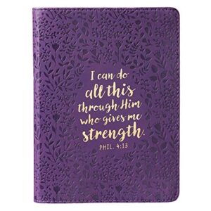 christian art gifts classic handy-sized journal all this through him philippians 4:13 bible verse inspirational scripture notebook w/ribbon, faux leather flexcover 240 ruled pages, 5.7" x 7", purple