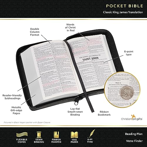 KJV Holy Bible, Mini Pocket Bible – Zippered Black Faux Leather Bible w/Ribbon Marker, King James Version (KJV Pocket Editions)