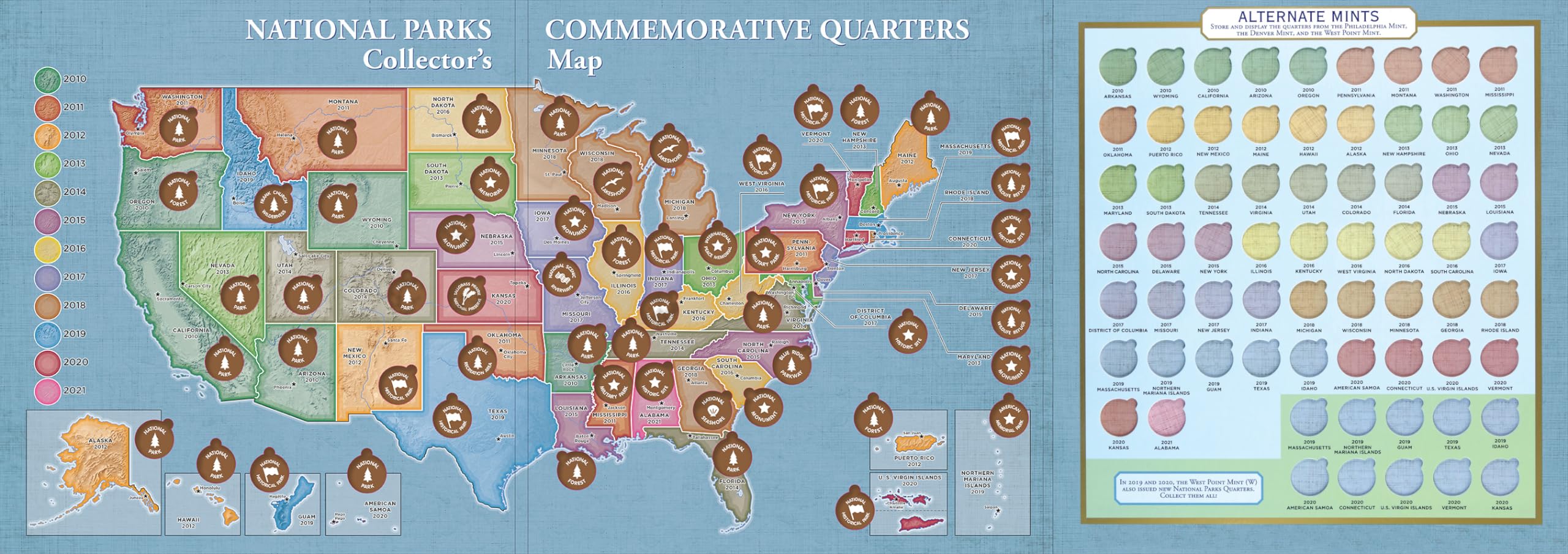 National Parks Commemorative Quarters Collector's Map 2010-2021 (includes both mints, plus the rare West Point quarter release!)