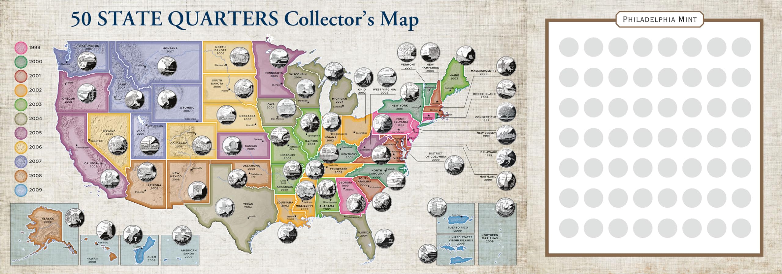 50 State Quarters Map (includes space for the Philadelphia and Denver mints!)