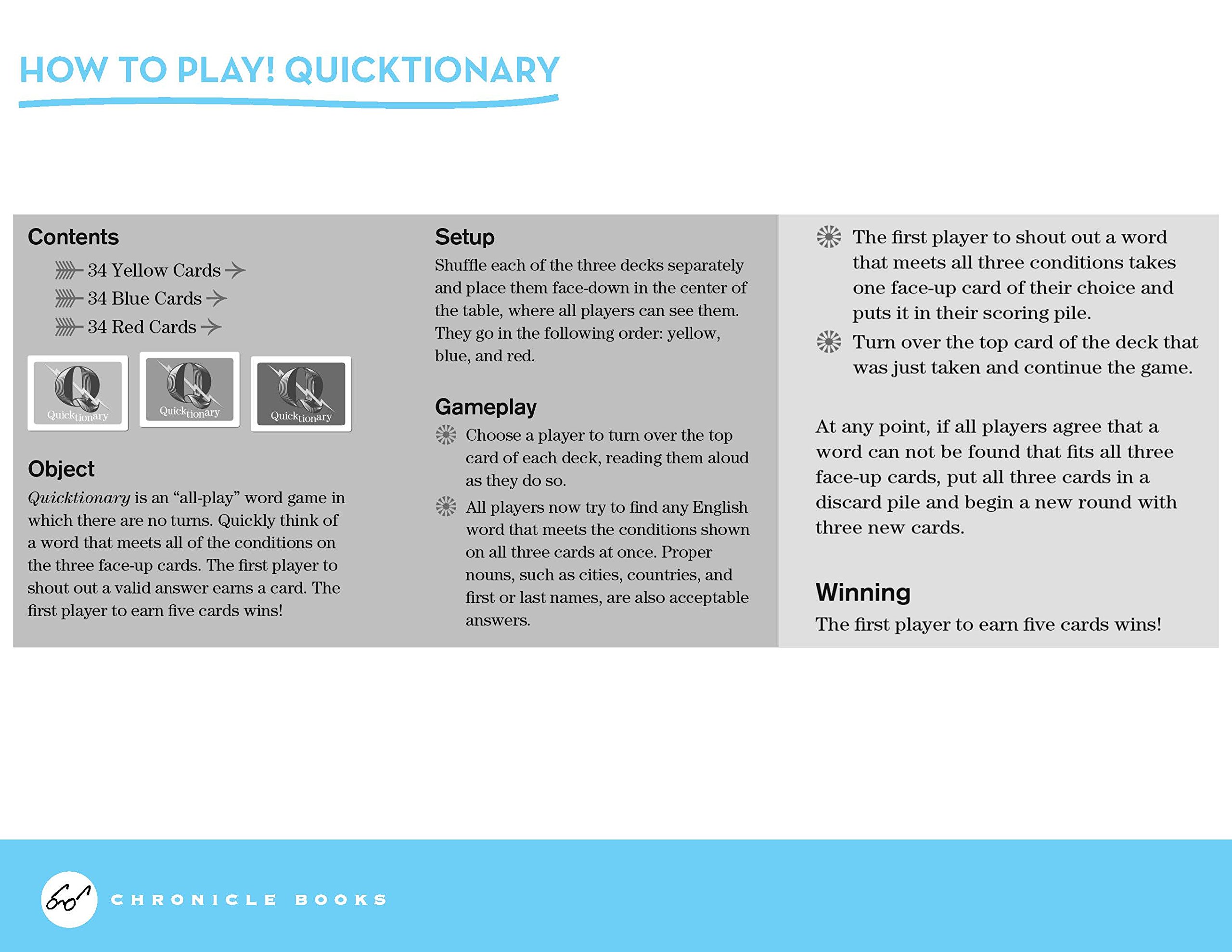 Chronicle Books Quicktionary: A Game of Lightning-Fast Wordplay, Includes 102 prompt cards; 1 rule book