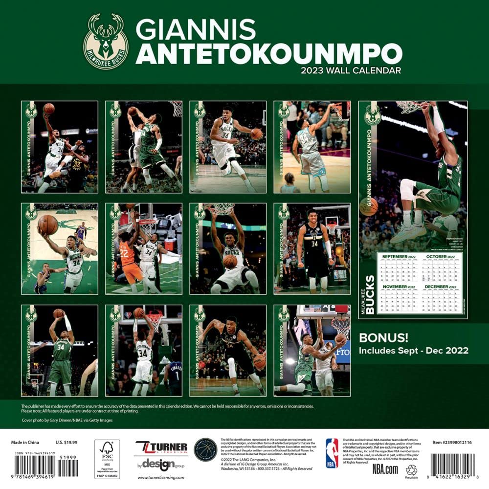 TURNER SPORTS Milwaukee Bucks Giannis Antetokounmpo 2023 12X12 Player Wall Calendar (23998012116)