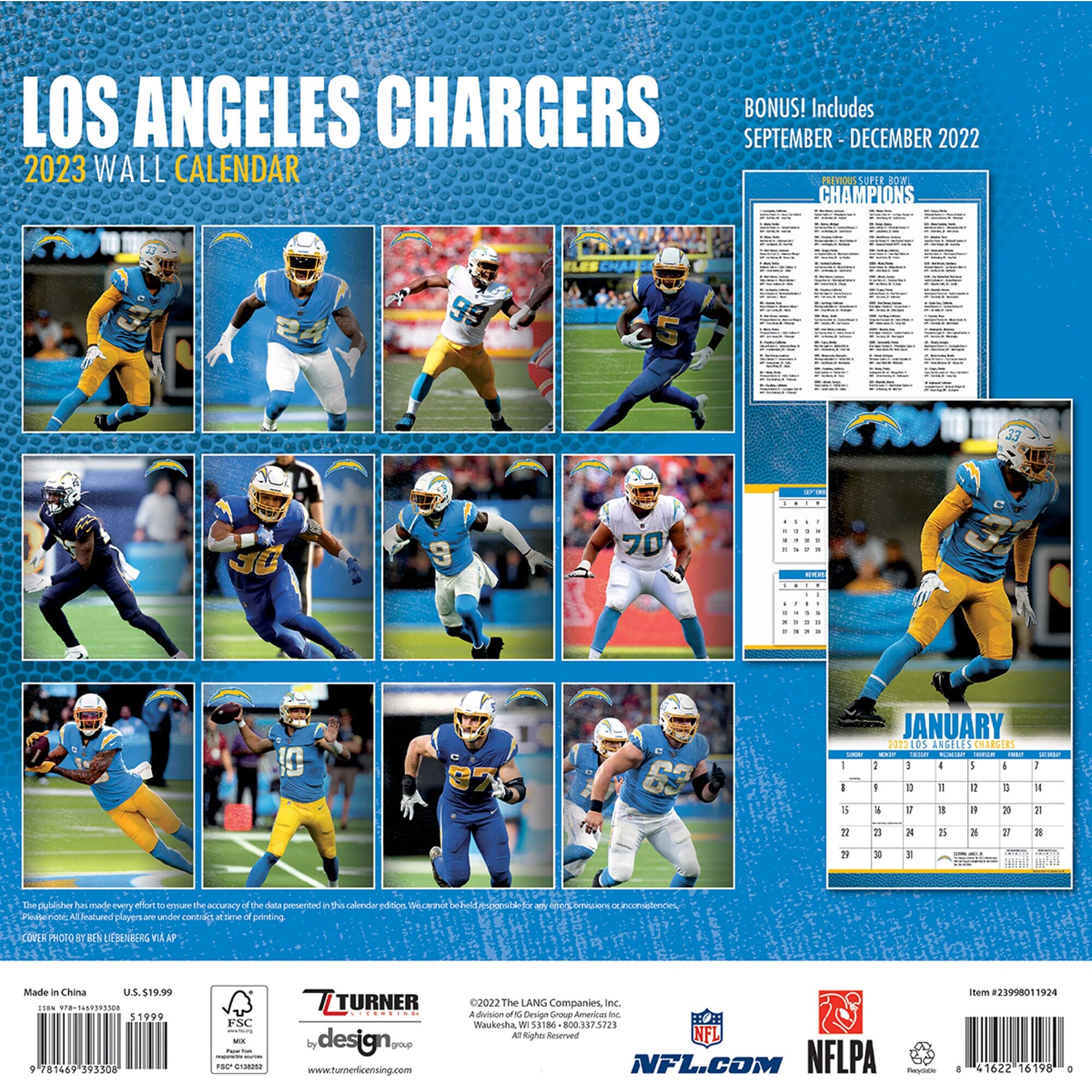 Turner Licensing Los Angeles Chargers 2023 12" x 12" Team Wall Calendar