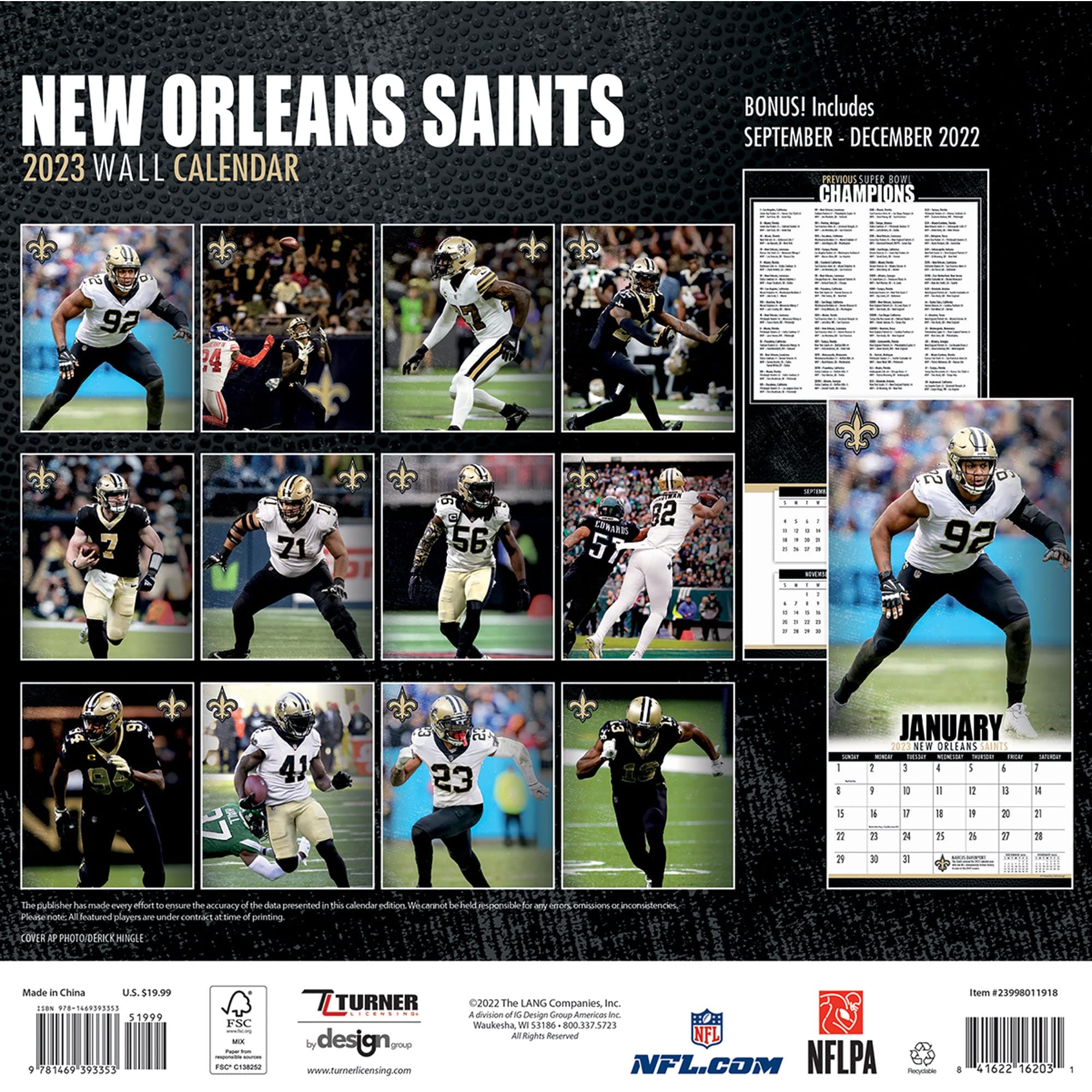 New Orleans Saints 2023 12" x 12" Team Wall Calendar