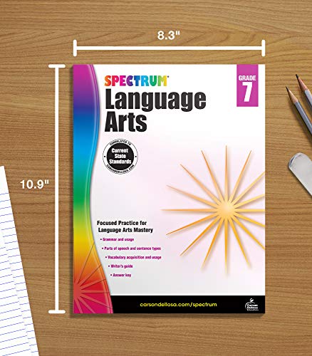 Spectrum Grade 7 Language Arts Workbooks, Ages 12 to 13, Language Arts Grade 7, Vocabulary, Sentence Types, Parts of Speech, Writing Practice, and Grammar Workbook - 160 Pages