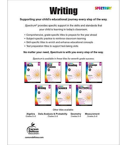 Spectrum 7th Grade Writing Workbooks, Ages 12 to 13, 7th Grade Writing, Informative, Argumentative, Comparative, and Fiction Story Writing Prompts, Writing Practice for Kids - 136 Pages