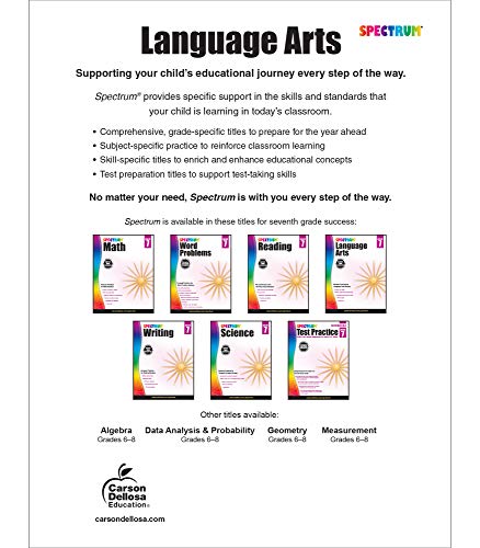 Spectrum Grade 7 Language Arts Workbooks, Ages 12 to 13, Language Arts Grade 7, Vocabulary, Sentence Types, Parts of Speech, Writing Practice, and Grammar Workbook - 160 Pages