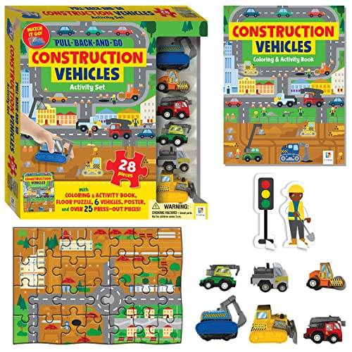 Hinkler Pull-back-and-go: Construction - 28-piece Floor Puzzle - Play Mat - Coloring and Activity Book - 6 Pull and Go Cars - Activity Set for Kids Aged 3 to 6