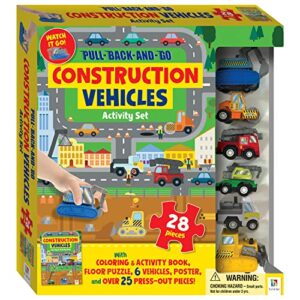 Hinkler Pull-back-and-go: Construction - 28-piece Floor Puzzle - Play Mat - Coloring and Activity Book - 6 Pull and Go Cars - Activity Set for Kids Aged 3 to 6