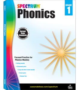 spectrum grade 1 phonics workbook, ages 6 to 7, phonics workbook grade 1, vowel, consonant, ending sounds and pairs, letters, words, and sentence writing practice - 160 pages