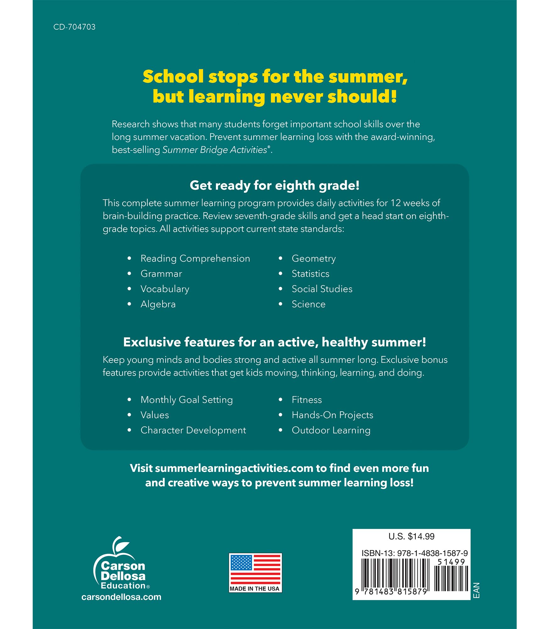 Summer Bridge Activities 7th to 8th Grade Workbook, Math, Reading Comprehension, Writing, Science, Social Studies, Fitness Summer Learning Activities, 8th Grade Workbooks All Subjects With Flash Cards