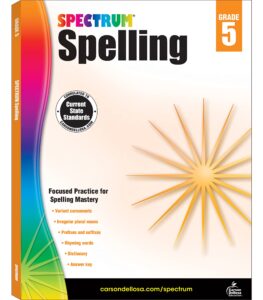 spectrum 5th grade spelling workbooks, ages 10 to 11, spelling grade 5 workbooks covering vowels, blends & digraphs, practice building spelling skills, vocabulary, and dictionary skills