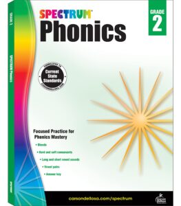 spectrum phonics grade 2, ages 7 to 8, grade 2 phonics workbook, blends, consonants, vowel sounds and pairs, letters, words, and sentence writing practice - 160 pages