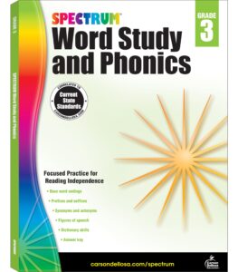 spectrum 3rd grade word study and phonics workbook, independent reading practice with answer key for homeschool or classroom (168 pgs)