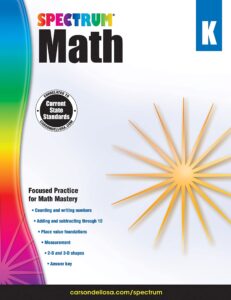 spectrum kindergarten math workbooks, ages 5 to 6, counting numbers, addition and subtraction, geometry and place value, kindergarten math workbook for kids