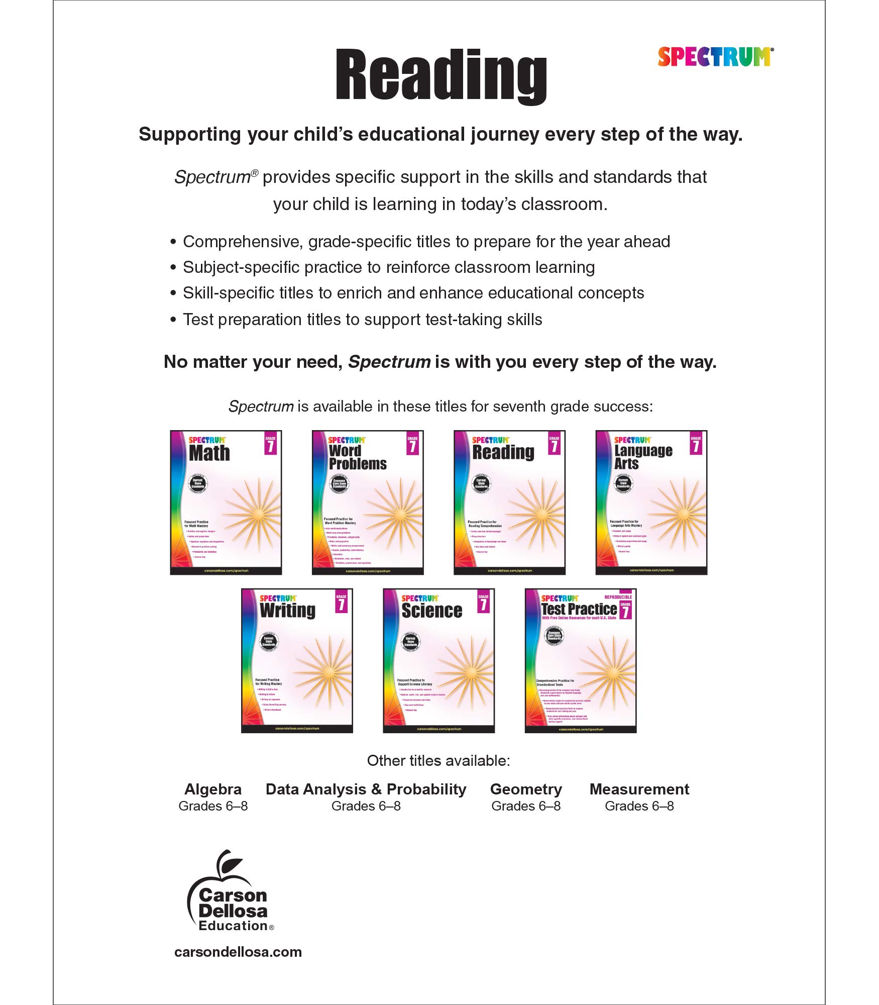 Spectrum Reading Comprehension Grade 7, Ages 12 to 13, 7th Grade Reading Comprehension Workbooks Covering Nonfiction and Fiction Passages, Analyzing and Summarizing Story Structure