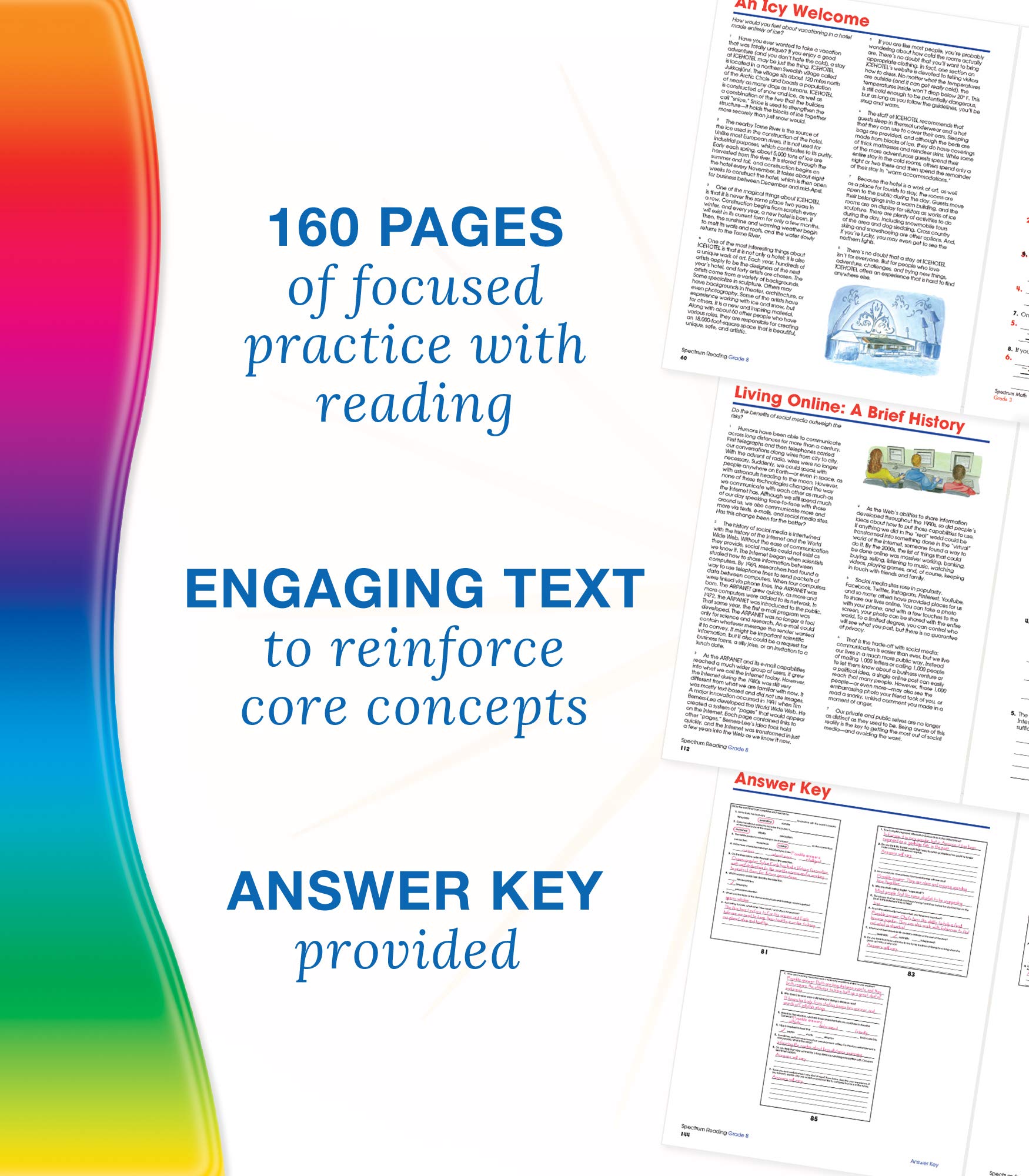 Spectrum Reading Comprehension Grade 8, Ages 13 to 14, 8th Grade Workbooks, Nonfiction and Fiction Passages, Analyzing and Summarizing Story Structure Using Context Clues and Citations - 160 Pages