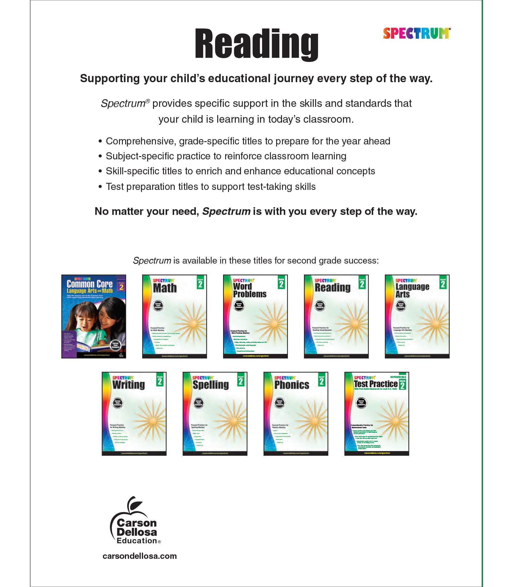 Spectrum Reading Comprehension Grade 2, Ages 7 to 8, Second Grade Reading Comprehension Workbook, Nonfiction and Fiction Passages, Story Structure and Main Ideas - 174 Pages