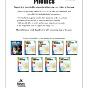 Spectrum Phonics Grade 2, Ages 7 to 8, Grade 2 Phonics Workbook, Blends, Consonants, Vowel Sounds and Pairs, Letters, Words, and Sentence Writing Practice - 160 Pages