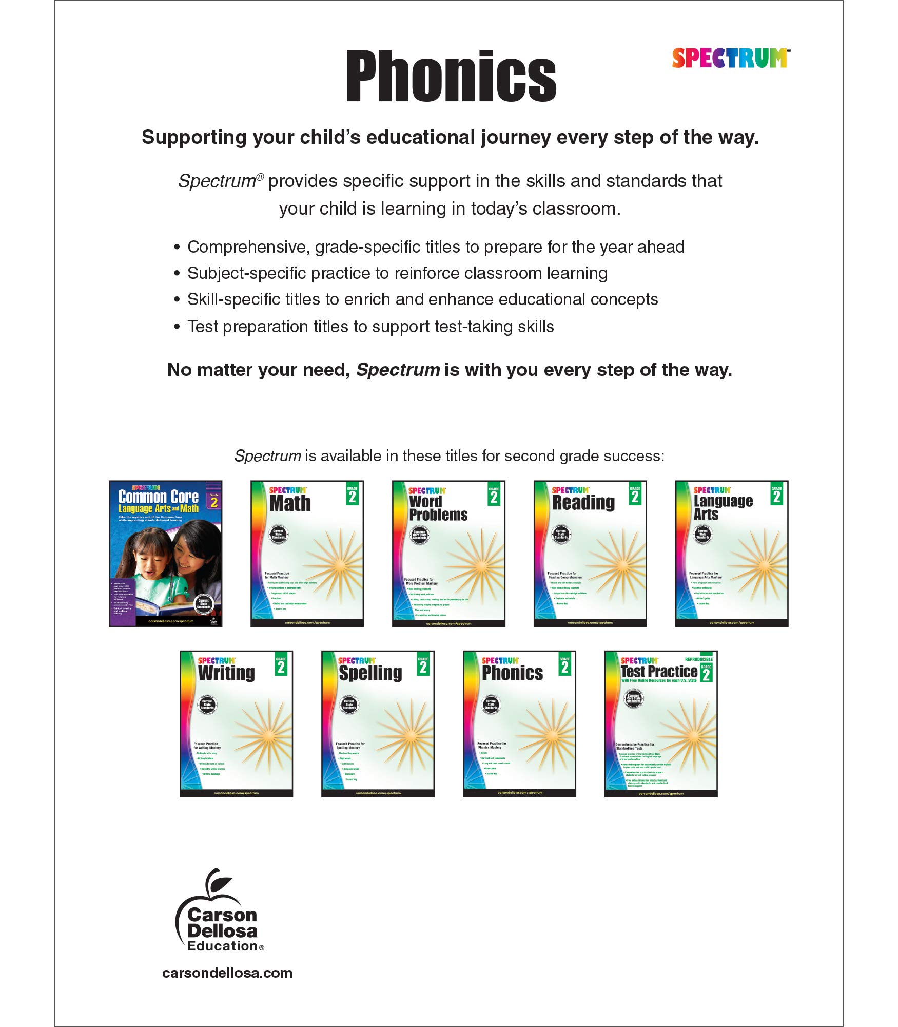 Spectrum Phonics Grade 2, Ages 7 to 8, Grade 2 Phonics Workbook, Blends, Consonants, Vowel Sounds and Pairs, Letters, Words, and Sentence Writing Practice - 160 Pages