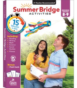 summer bridge activities 8th to 9th grade workbooks, math, reading comprehension, writing, science, social studies, fitness summer learning, 9th grade workbooks all subjects with flash cards