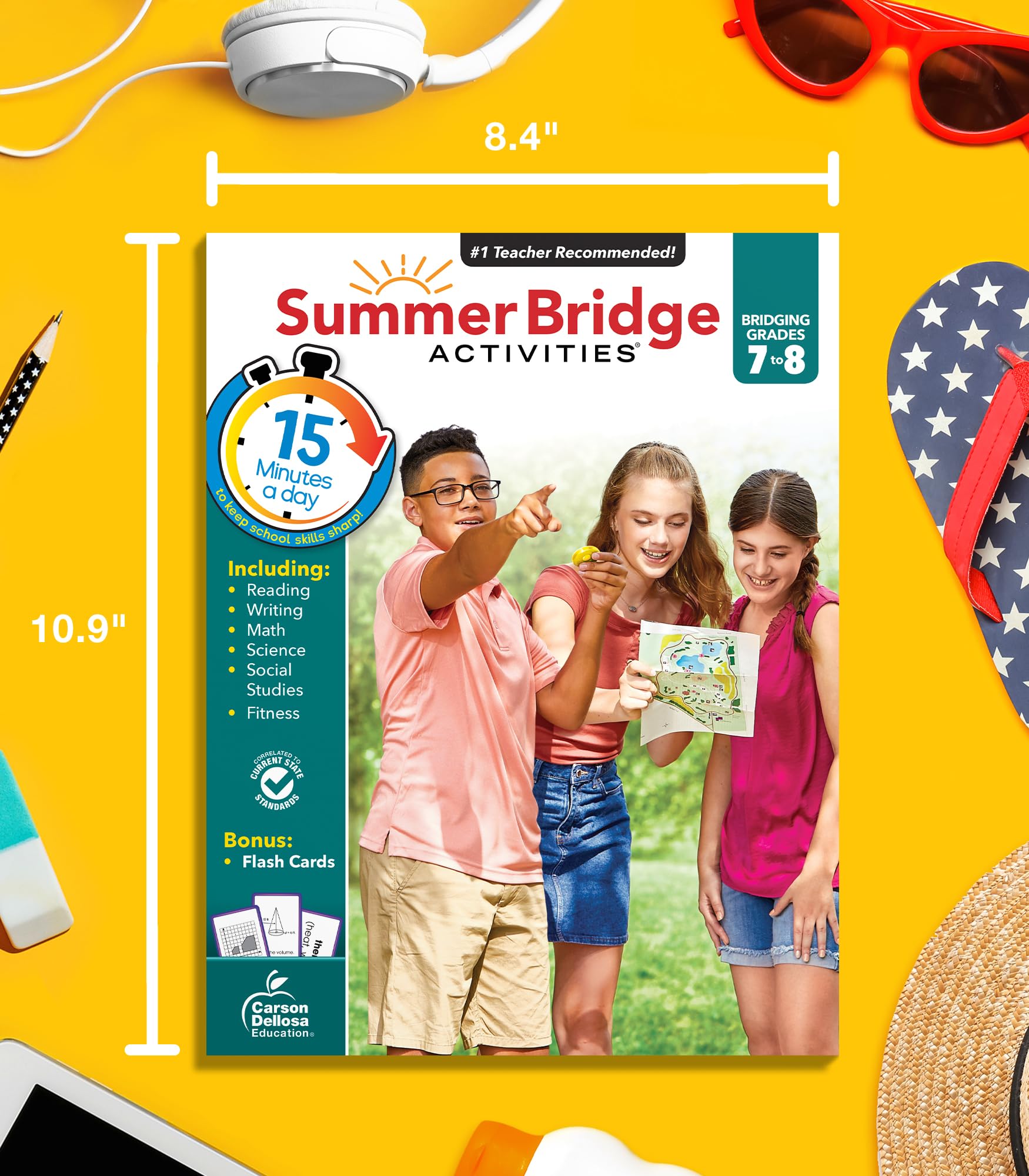 Summer Bridge Activities 7th to 8th Grade Workbook, Math, Reading Comprehension, Writing, Science, Social Studies, Fitness Summer Learning Activities, 8th Grade Workbooks All Subjects With Flash Cards