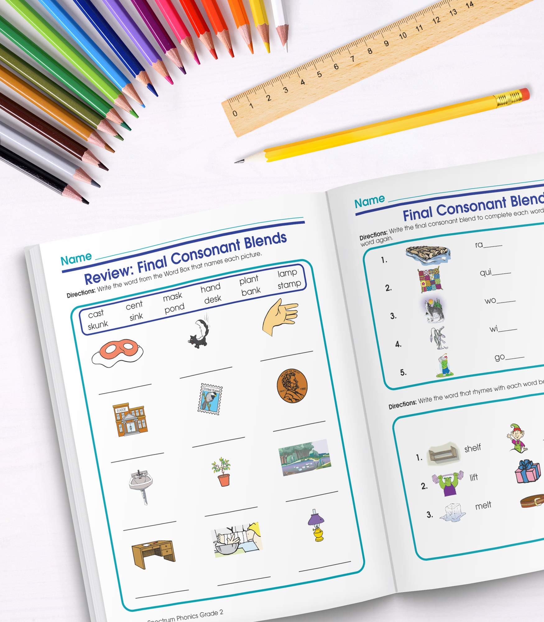 Spectrum Phonics Grade 2, Ages 7 to 8, Grade 2 Phonics Workbook, Blends, Consonants, Vowel Sounds and Pairs, Letters, Words, and Sentence Writing Practice - 160 Pages