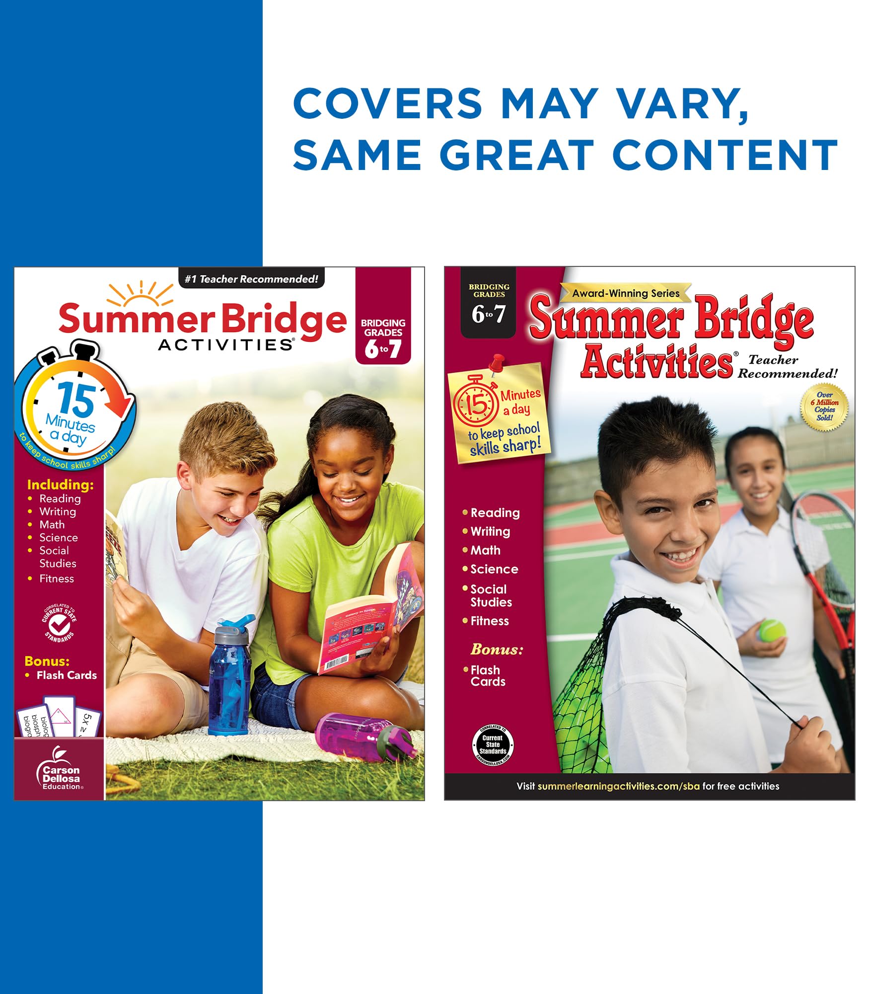 Summer Bridge Activities 6th to 7th Grade Workbooks, Math, Reading Comprehension, Writing, Science, Social Studies, Fitness Summer Learning, 7th Grade Workbooks All Subjects With Flash Cards