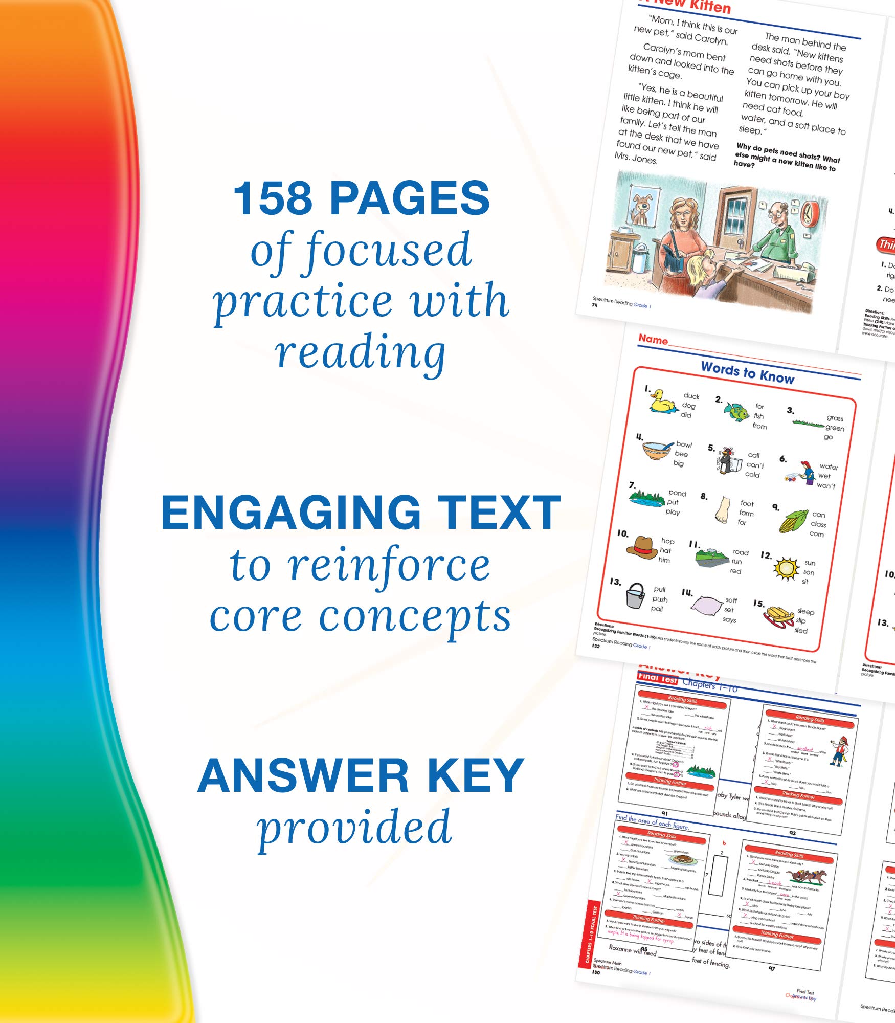 Spectrum 1st Grade Reading Comprehension Workbook, Ages 6 to 7, Reading Grade 1, Letters and Sounds, Sight Words Recognition, and Nonfiction and Fiction Passages - 158 Pages (Volume 20)