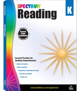 spectrum reading comprehension kindergarten workbook, ages 5 to 6, kindergarten reading comprehension, letters and sounds, word recognition, sight word activities, and phonics - 166 pages