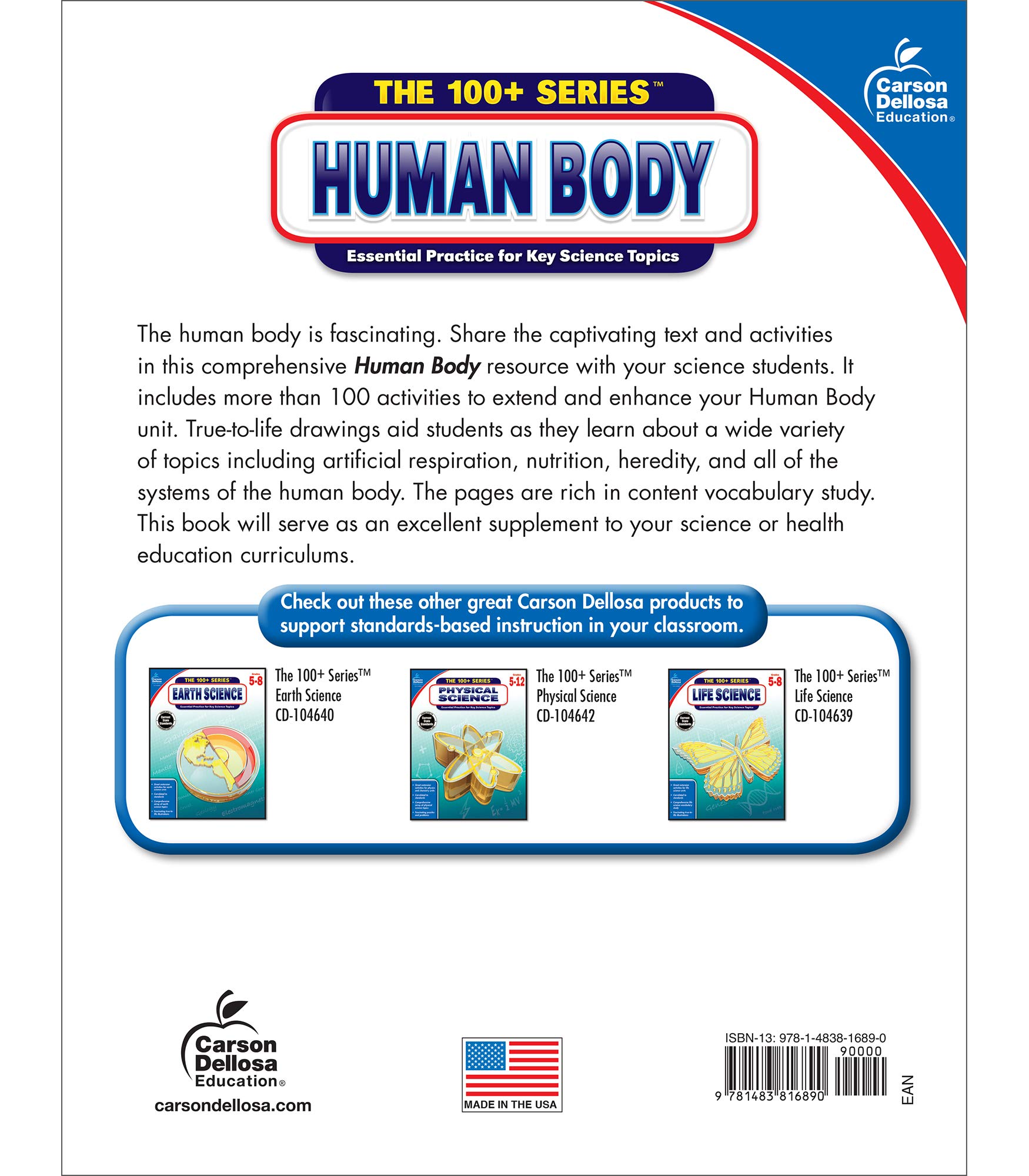 Carson Dellosa The 100+ Series: Human Body Workbook―Grades 5-8 Science Book, Human Anatomy, Bones, Muscles, Organs, the Nervous System, Health and Nutrition (128 pgs) (Volume 13)