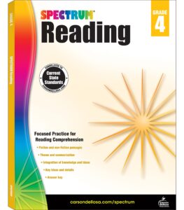 spectrum reading comprehension grade 4 workbooks, spectrum grade 4 nonfiction and fiction reading comprehension, summarizing stories and identifying themes, and critical thinking skills