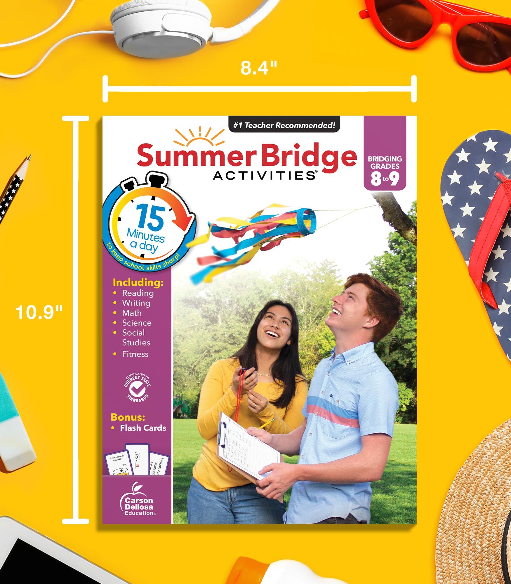 Summer Bridge Activities 8th to 9th Grade Workbooks, Math, Reading Comprehension, Writing, Science, Social Studies, Fitness Summer Learning, 9th Grade Workbooks All Subjects With Flash Cards