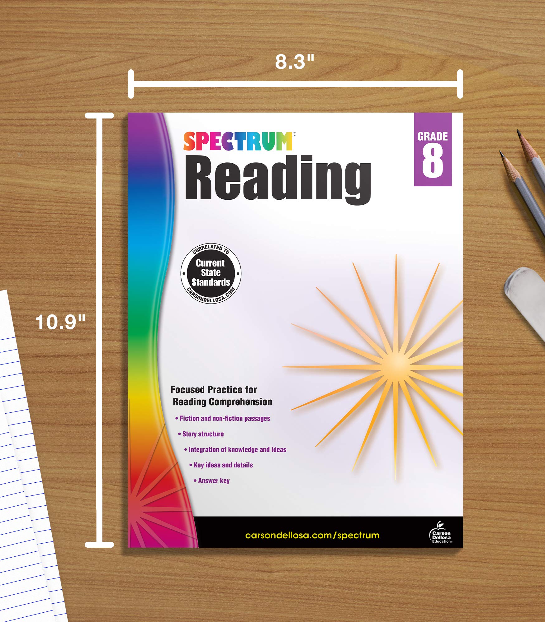 Spectrum Reading Comprehension Grade 8, Ages 13 to 14, 8th Grade Workbooks, Nonfiction and Fiction Passages, Analyzing and Summarizing Story Structure Using Context Clues and Citations - 160 Pages